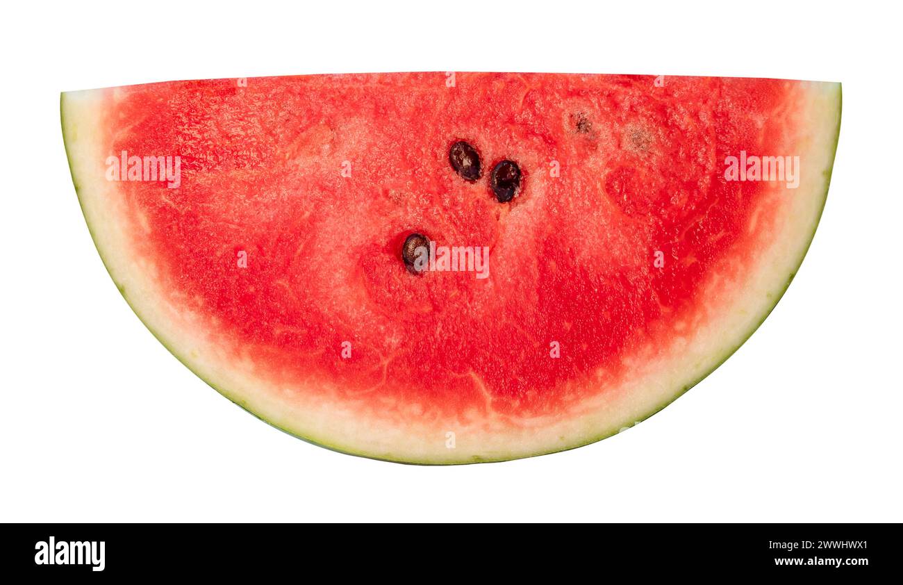 Front view of red watermelon half or slice is isolated on white ...