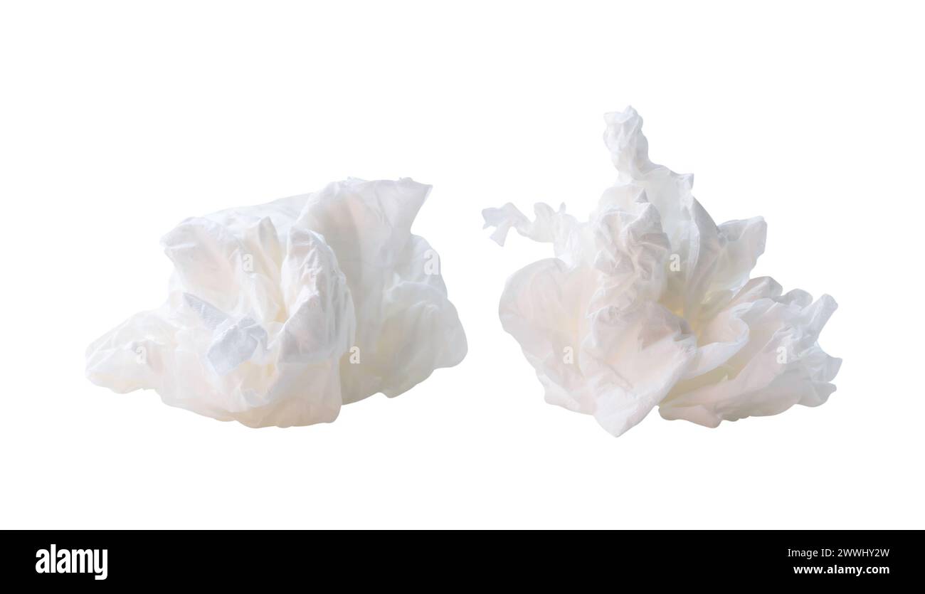 Front view set of white crumpled tissue paper ball after use in toilet ...