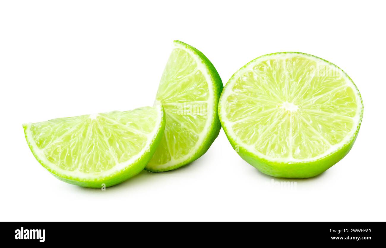 Front view of fresh green lemon half with slices or quarters is ...