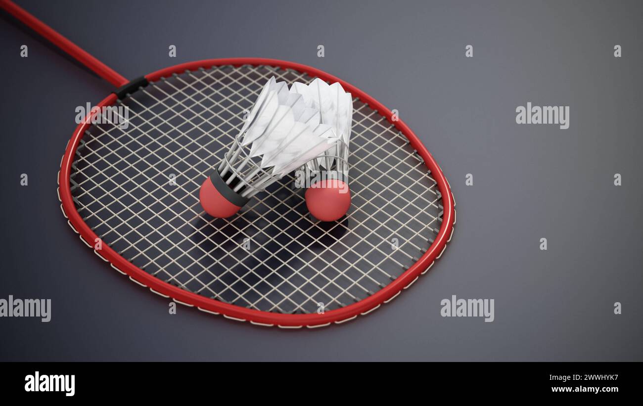 Badminton racket and shuttlecocks on gray background. 3D illustration ...