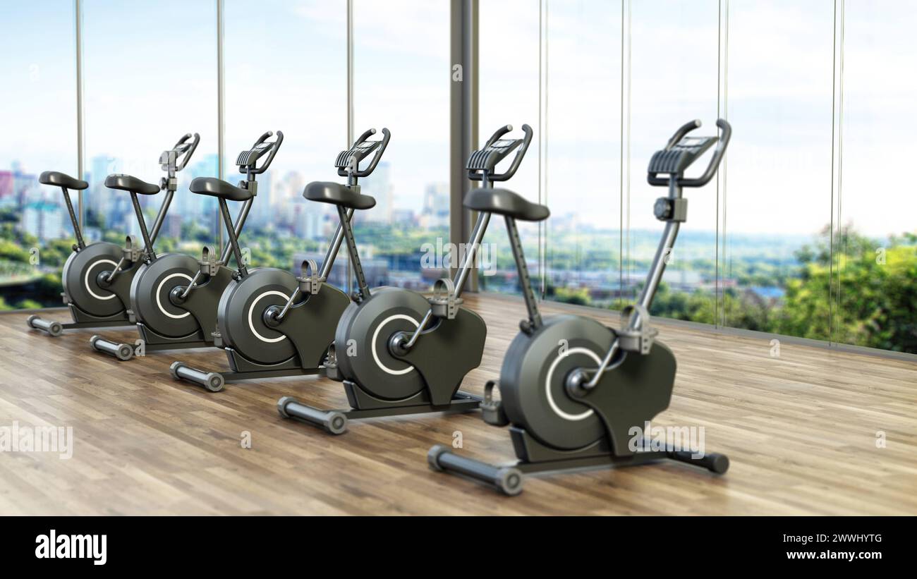 Exercise bikes standing in a row inside a gym. 3D illustration Exercise ...