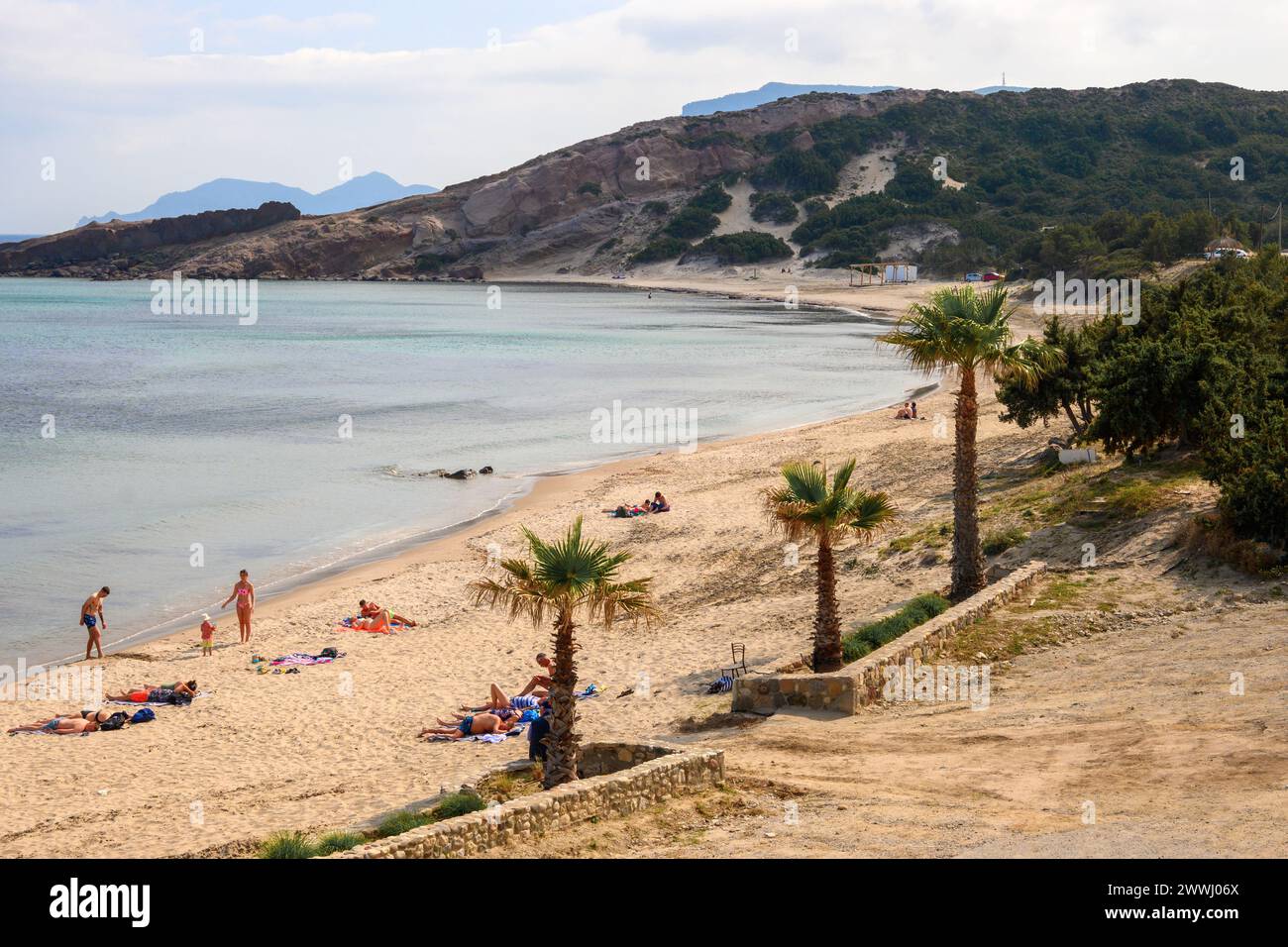 Kos, Greece - May 12, 2024: Paradise Beach with golden fine sand, clean ...