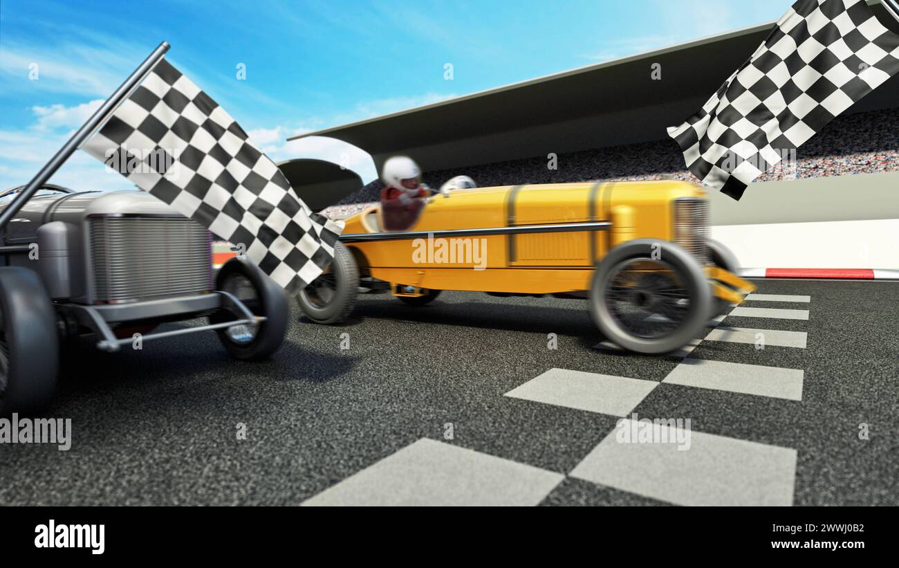 Retro race car crossing the finish line. 3D illustration Retro race car ...