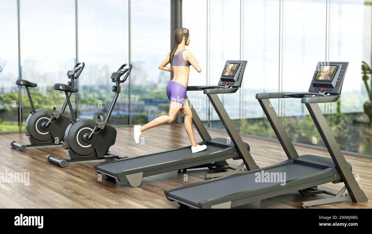 Woman running on treadmill. Exercise bikes and treadmills in sports ...