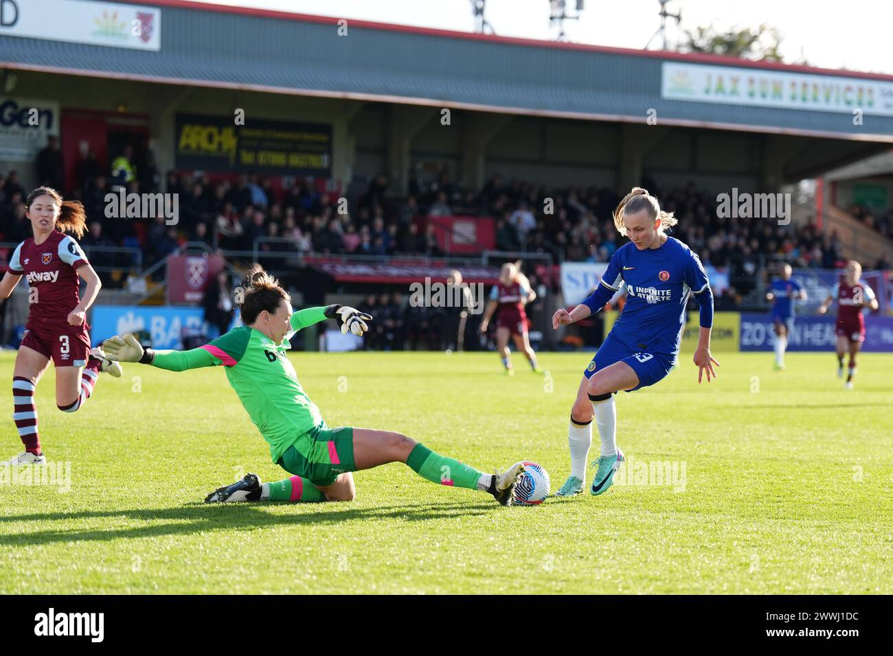 West Ham United Goalkeeper Mackenzie Arnold Saves At The Feet Of