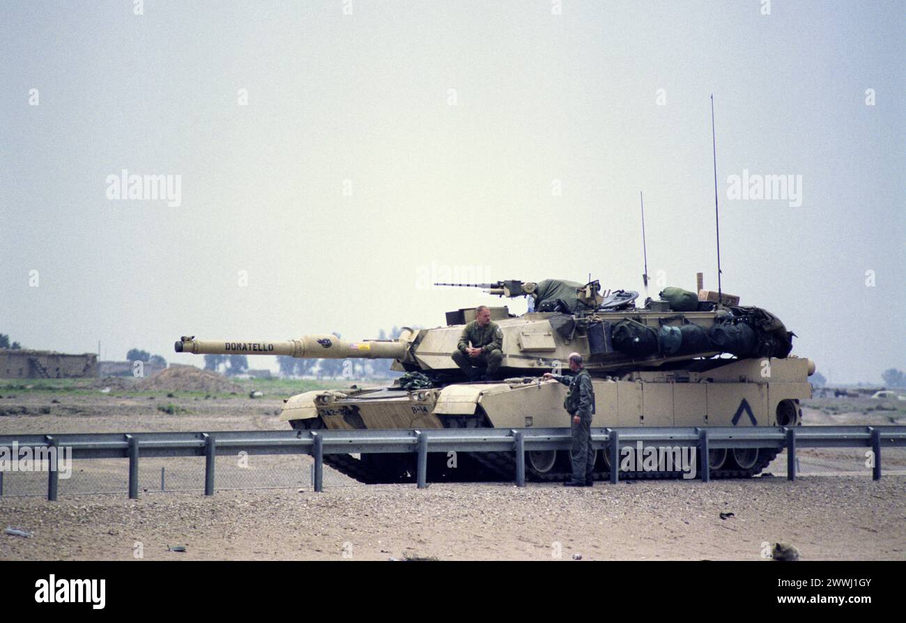 23rd March 1991 A U.S. Army M1A1 Abrams tank parked on Highway 8 where ...