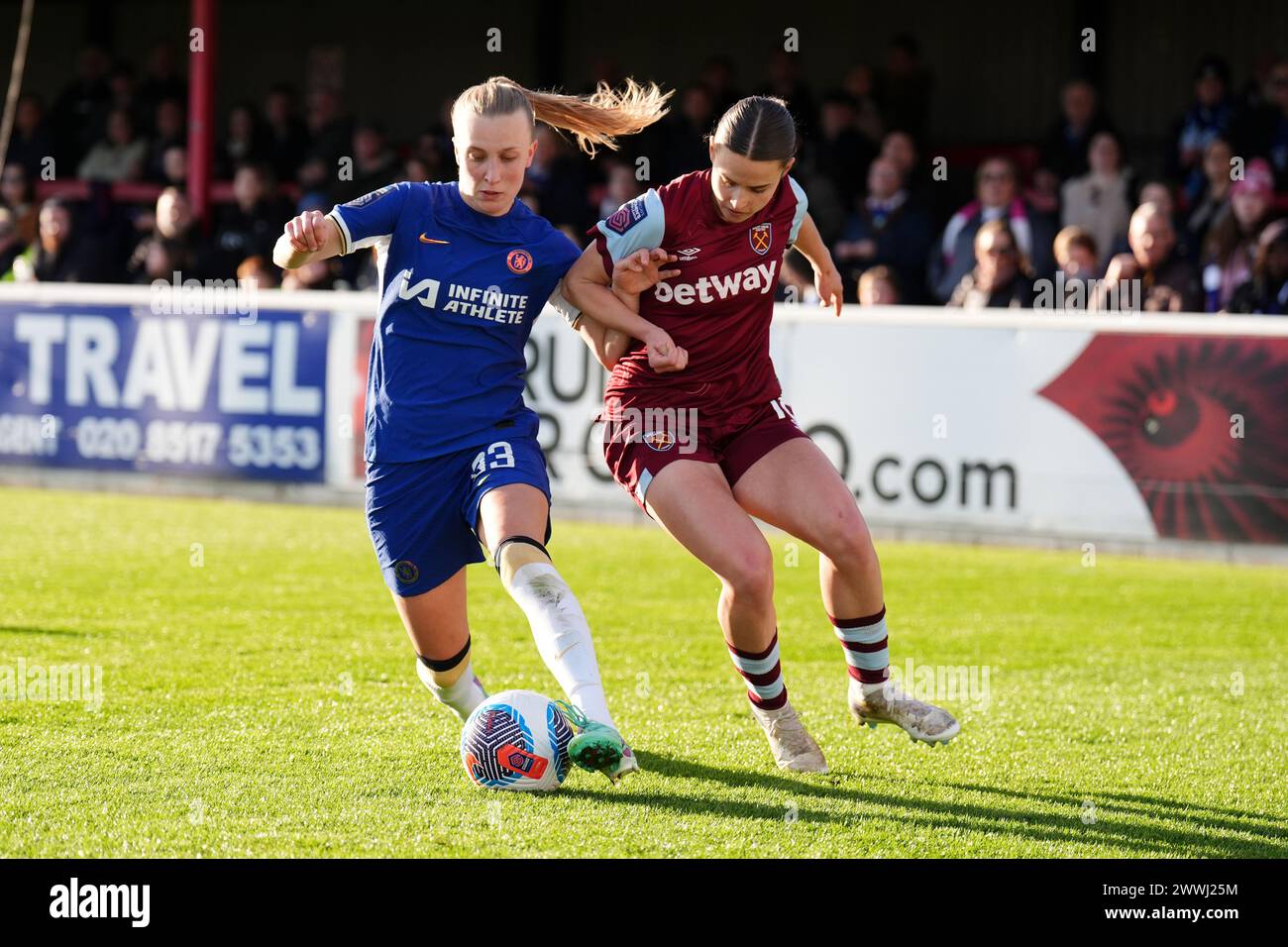 Chelsea’s Aggie Beever-Jones (left) and West Ham United's Anouk Denton ...