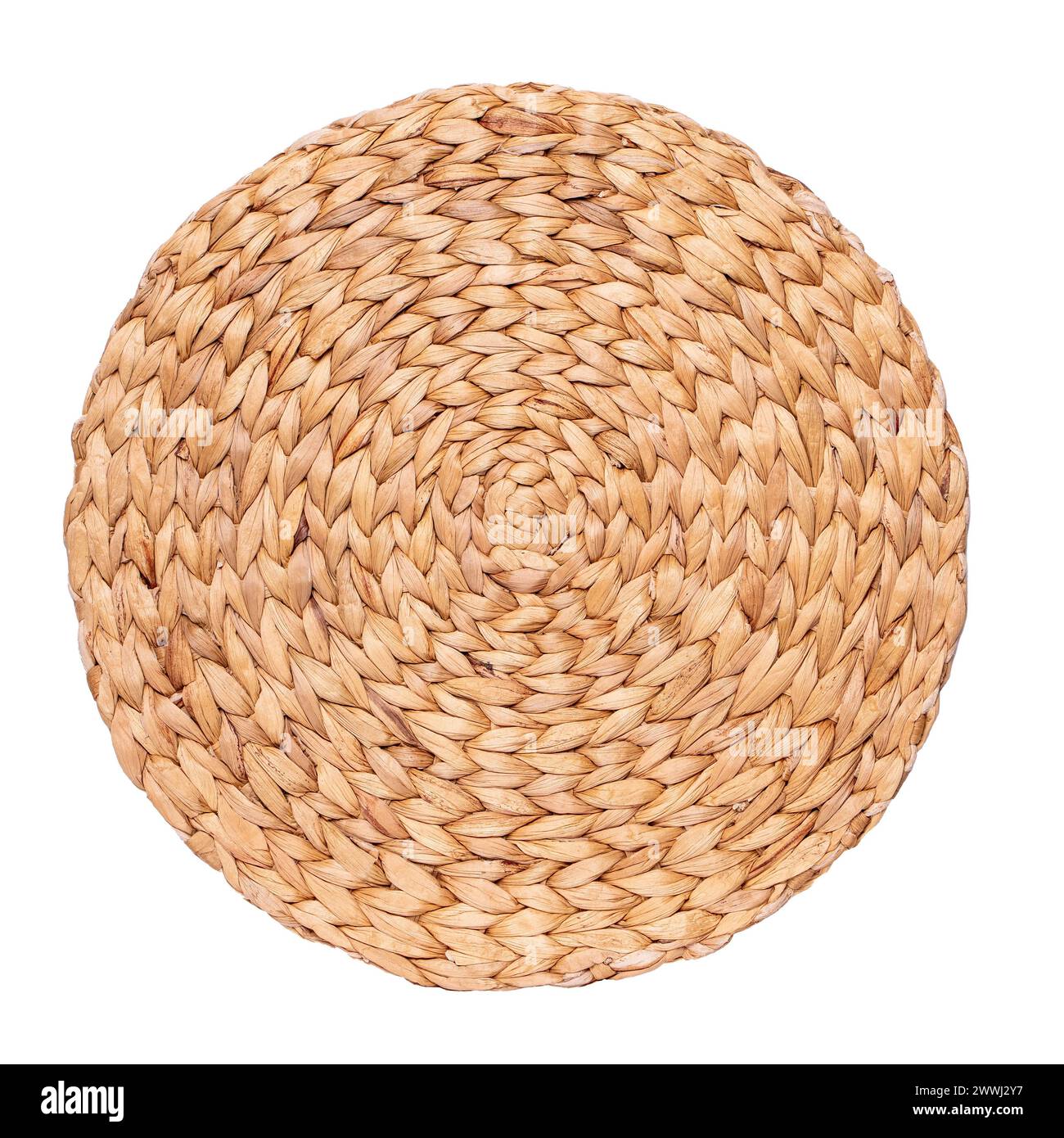 Round wicker placemat of rattan on white background in top view ...