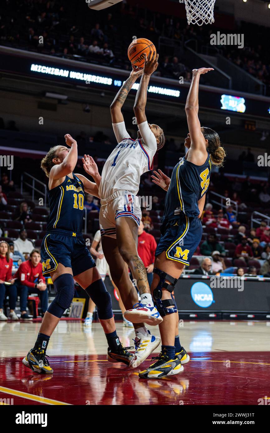 Kansas Jayhawks center Taiyanna Jackson (1) shoots between Michigan ...