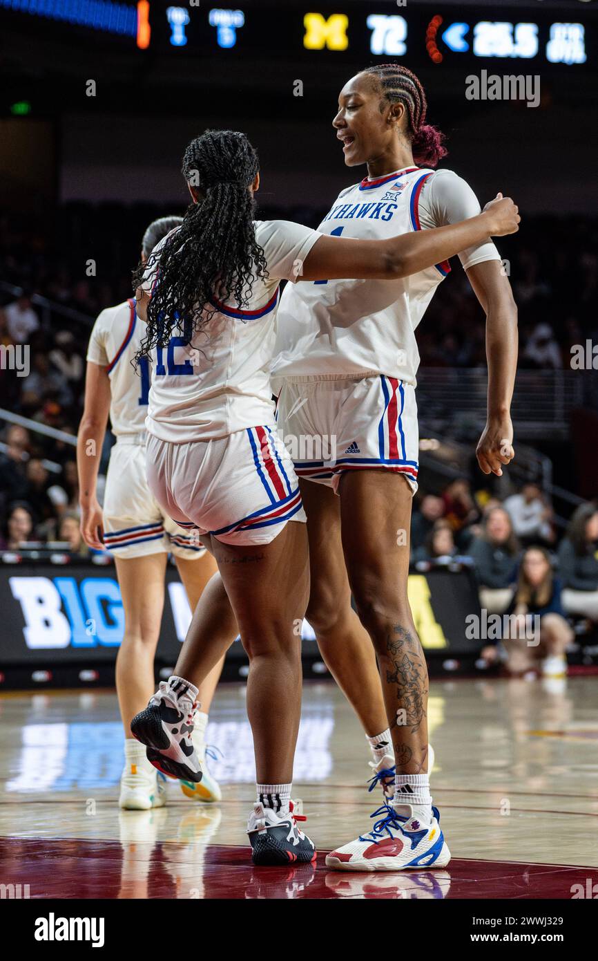 Kansas Jayhawks center Taiyanna Jackson (1) celebrates with guard S’Mya ...