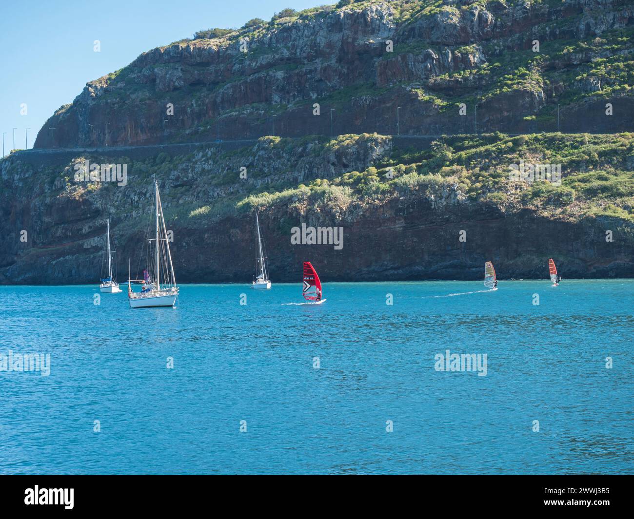 Sailing ships and yachts at Machico bay, Madeira, Portugal. Machico is ...