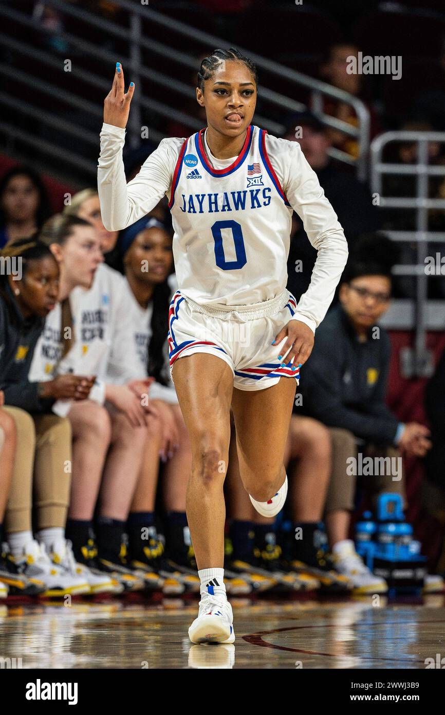 Kansas Jayhawks guard Wyvette Mayberry (0) celebrates after making a ...