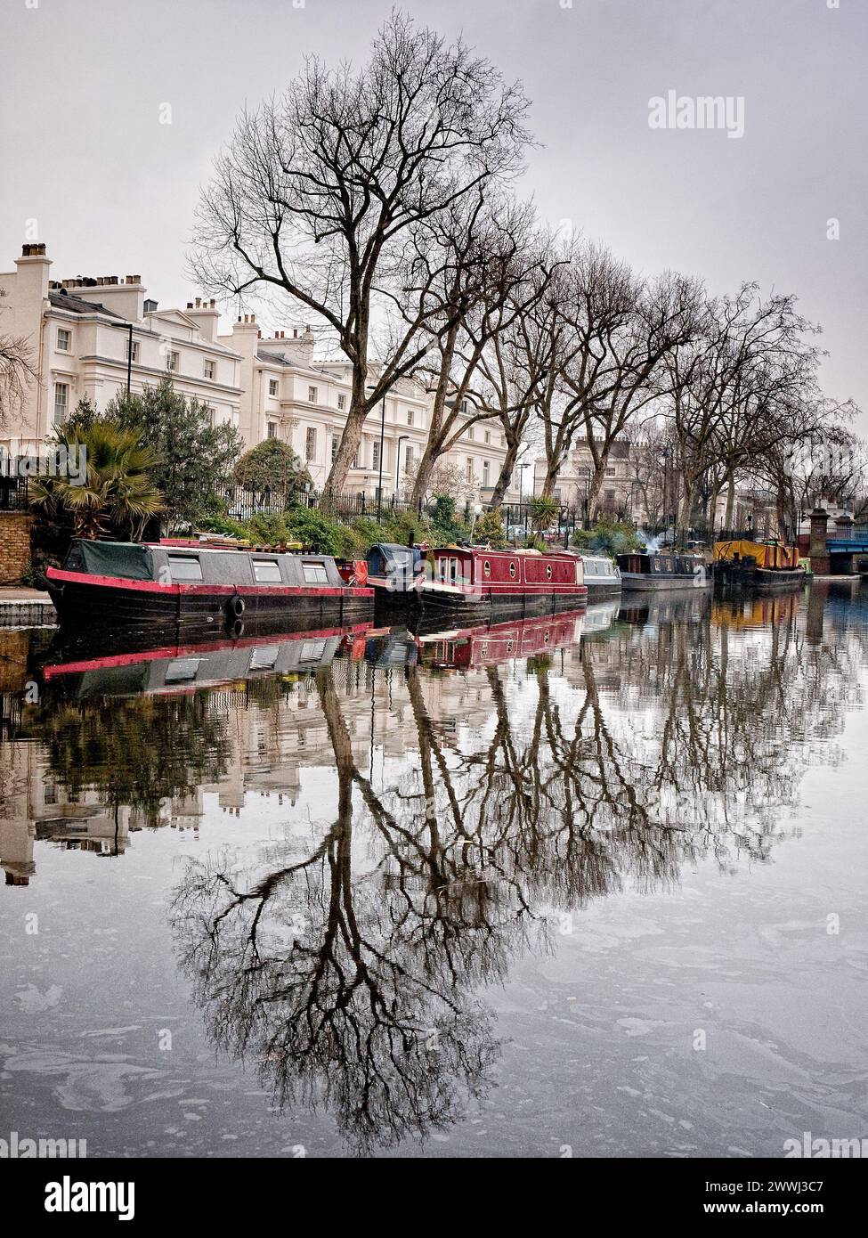 Narrowboats moored on the canal at Little Venice on the junction of the ...