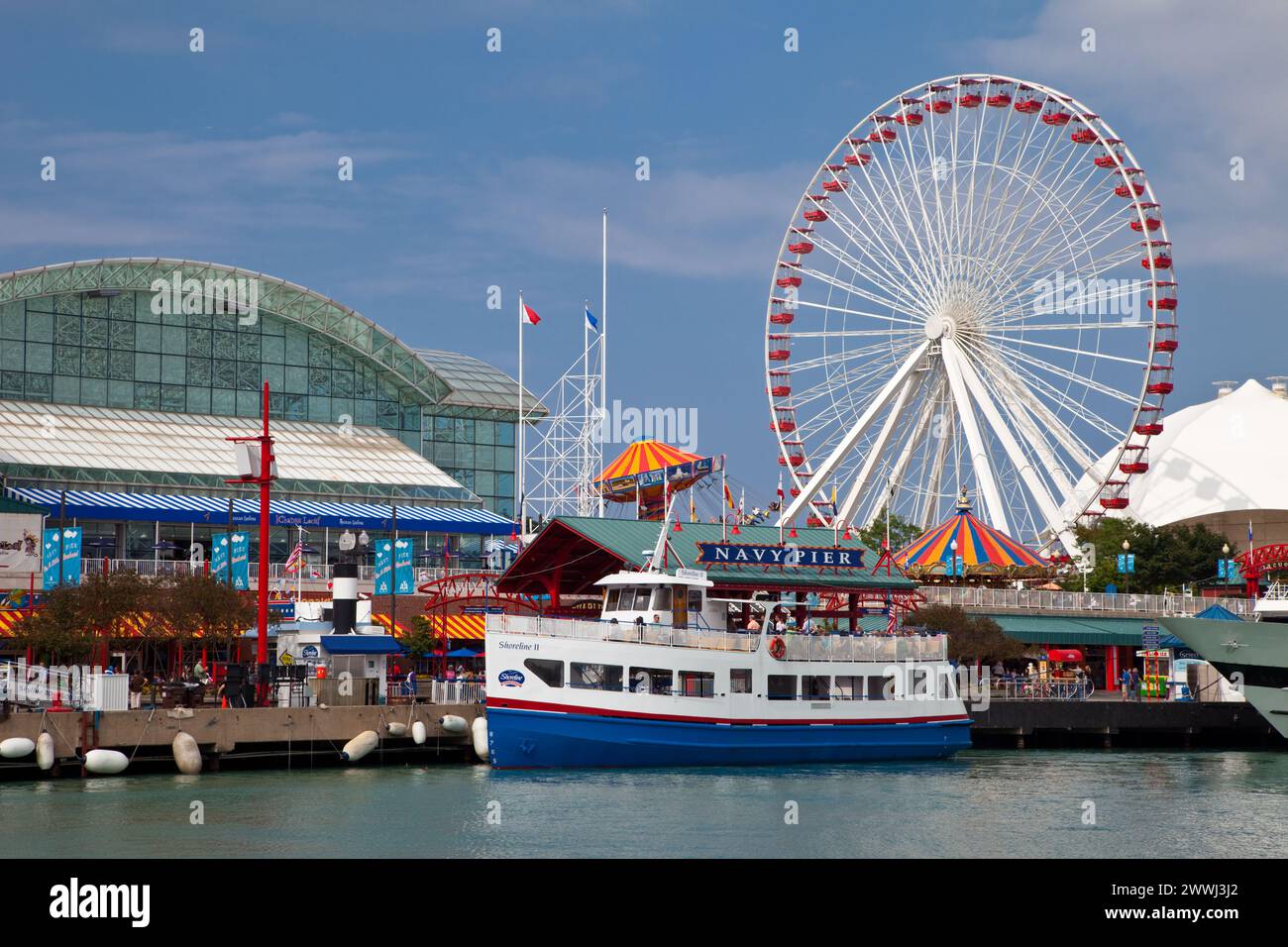 Chicago, Illinois. Navy Pier. Tourist Boat and Ferris Wheel Stock Photo ...