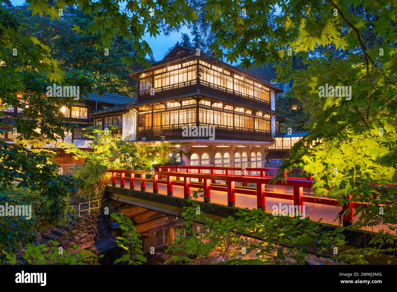 Shima Onsen, Gunma, Japan traditional architecture at dusk Stock Photo ...