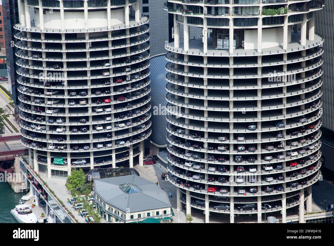 Chicago, Illinois. Marina Towers, designed by Bertrand Goldberg. Boat ...