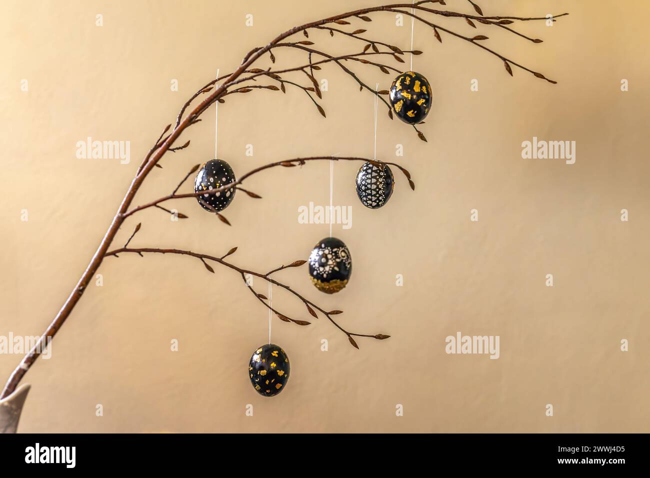 colorful painted easter eggs hanging on a twig Stock Photo - Alamy