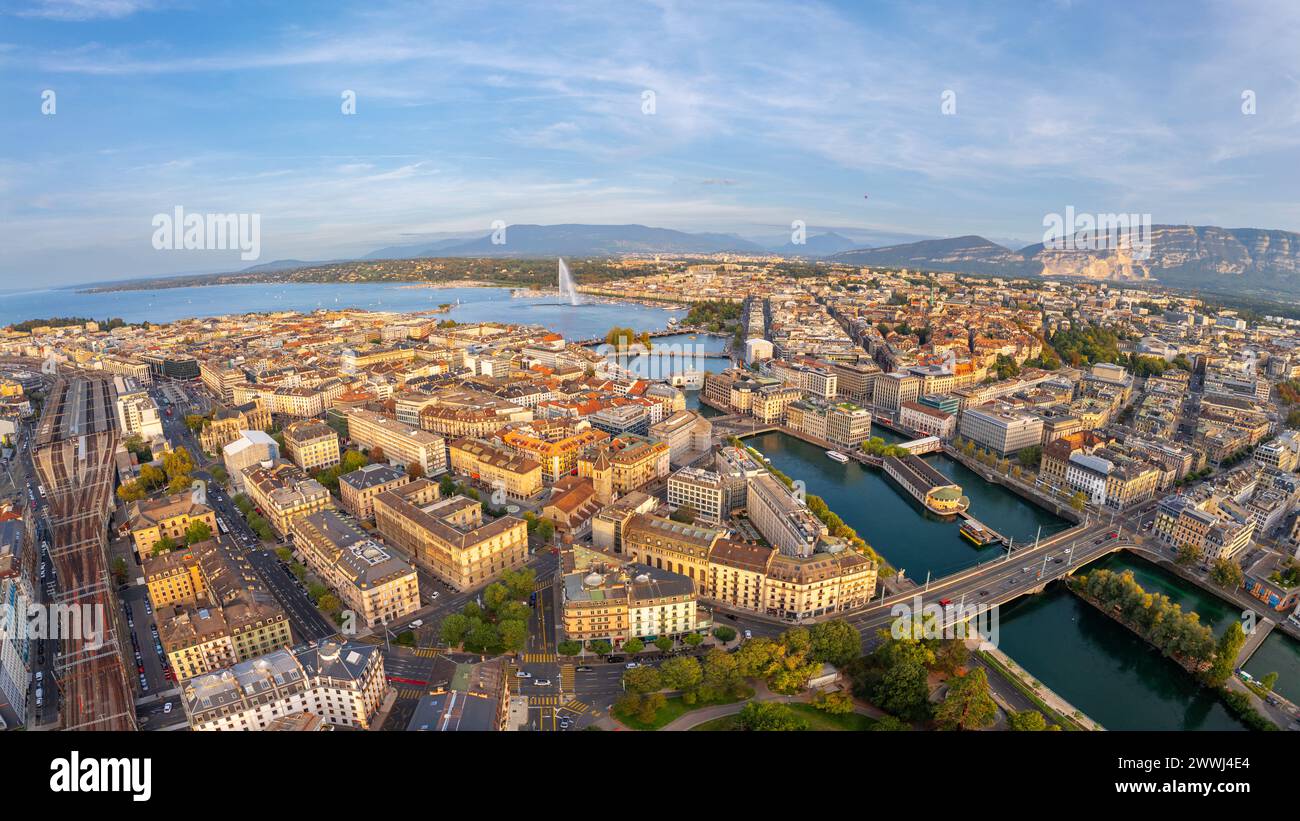Geneva, Switzerland skyline view towards the Jet d'Eau fountain in Lake ...