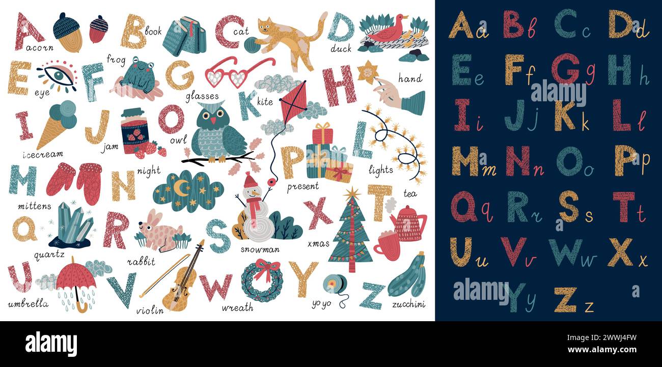 Children alphabet. English letters. ABC font. Flower and forest animals ...