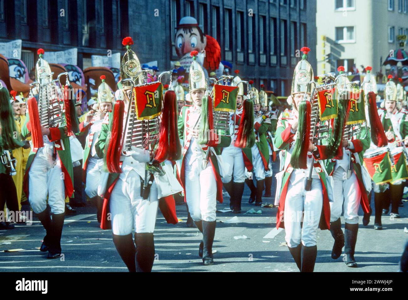 Band marching in Rose Monday Carnival parade in 1982, Cologne, North Rhine-Westphalia, Germany ...
