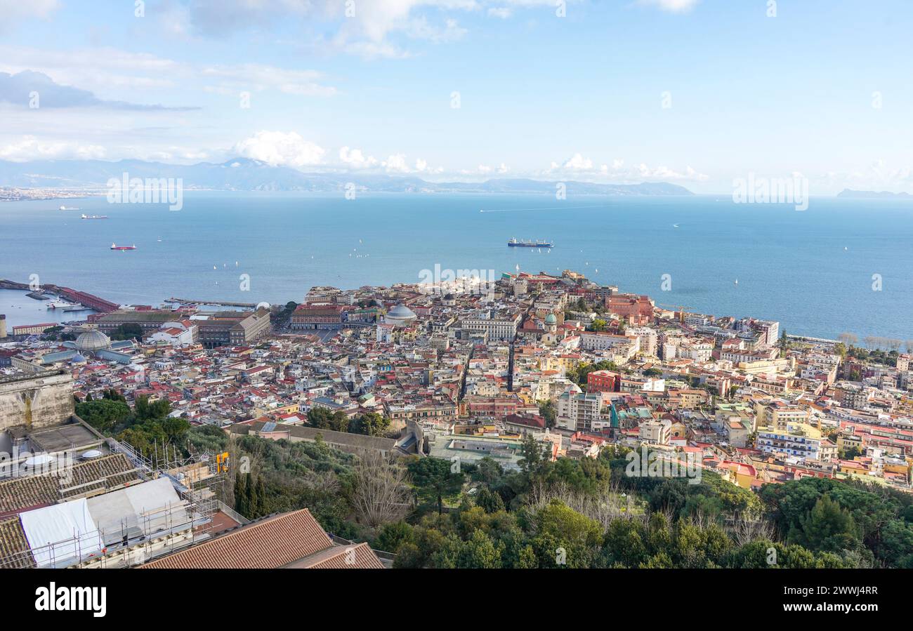 Naples Italy, Naples skyline aerial view, from Vomero, Castel Sant'Elmo ...
