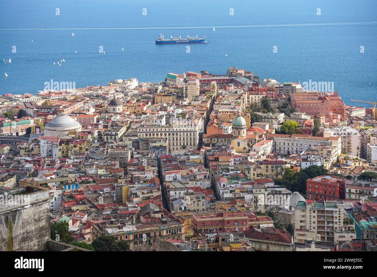 Naples Italy, Naples skyline aerial view, from Vomero, Castel Sant'Elmo ...