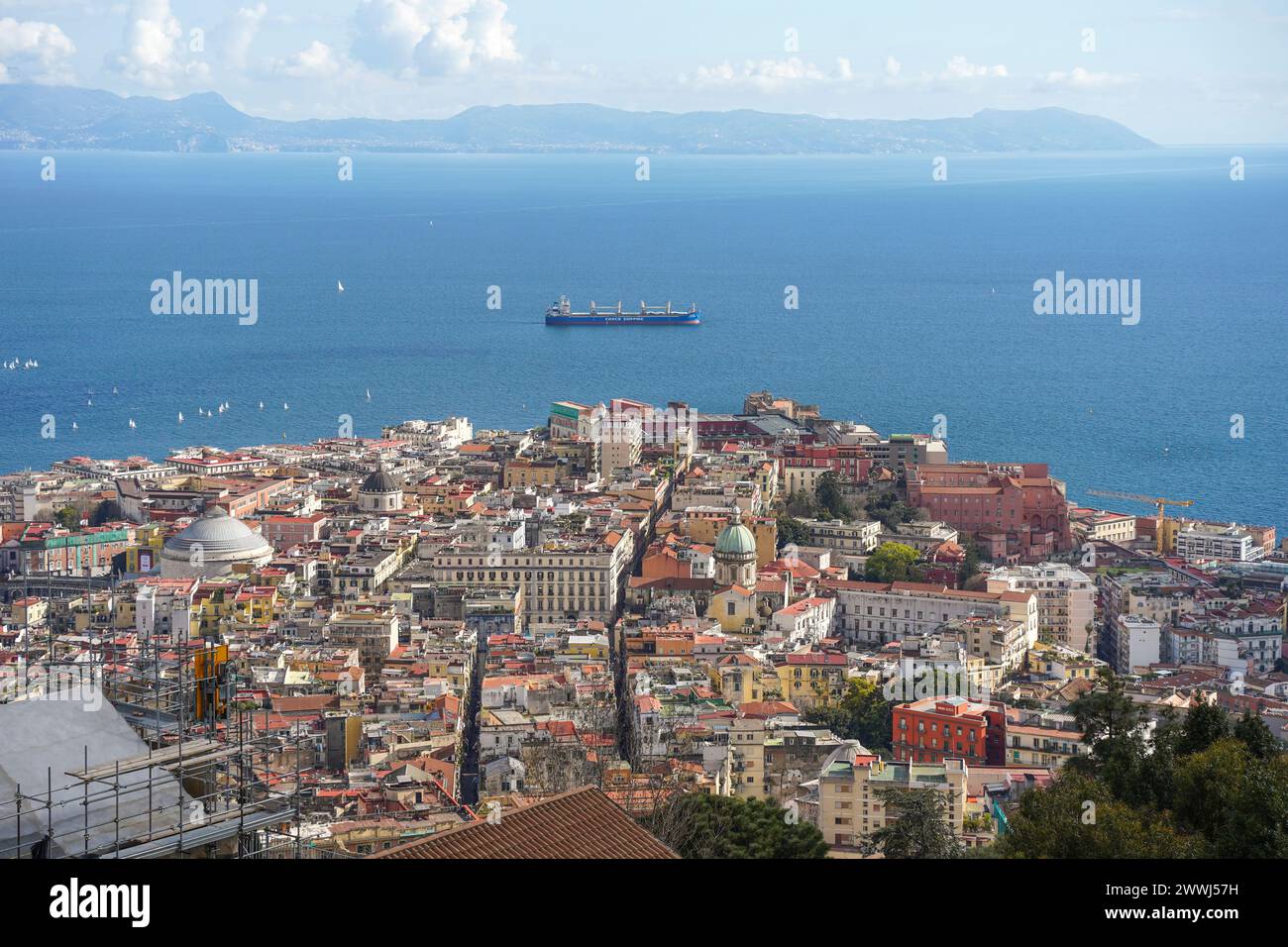 Naples Italy, Naples skyline aerial view, from Vomero, Castel Sant'Elmo ...