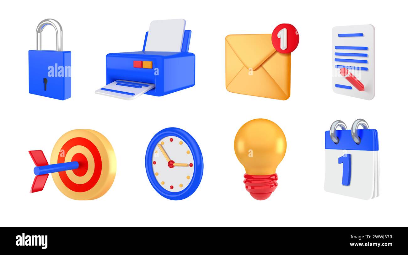 3D calendar icons. Unlock padlock. Printer and clock dial. Glass render ...