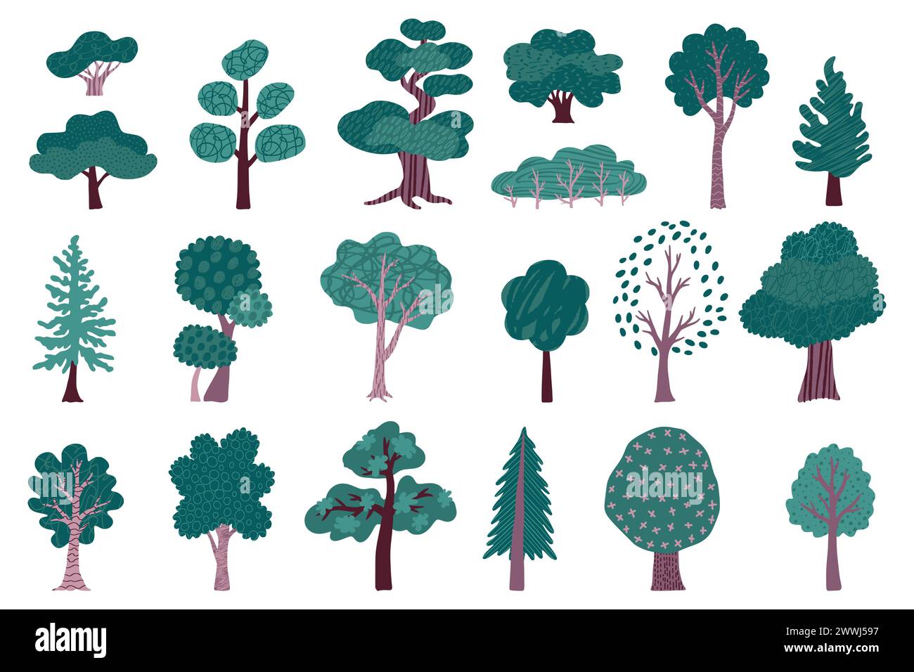 Simple trees. Forest silhouette icons, plant pine and bush trunk design ...