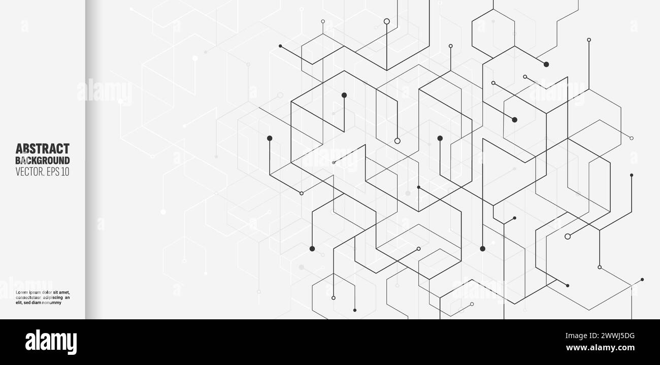 Tech background. Network connect line pattern elements. White hexagons and squares. Geometric ...