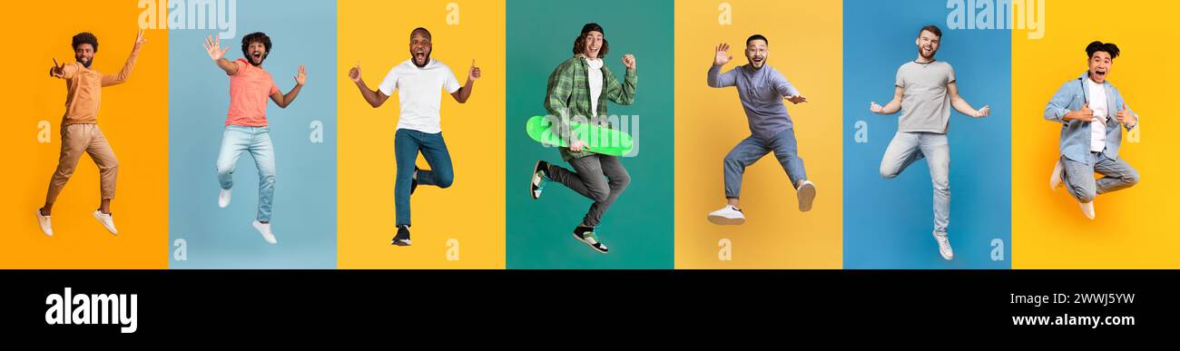 Collage of active energetic young men jumping over gradient colorful ...