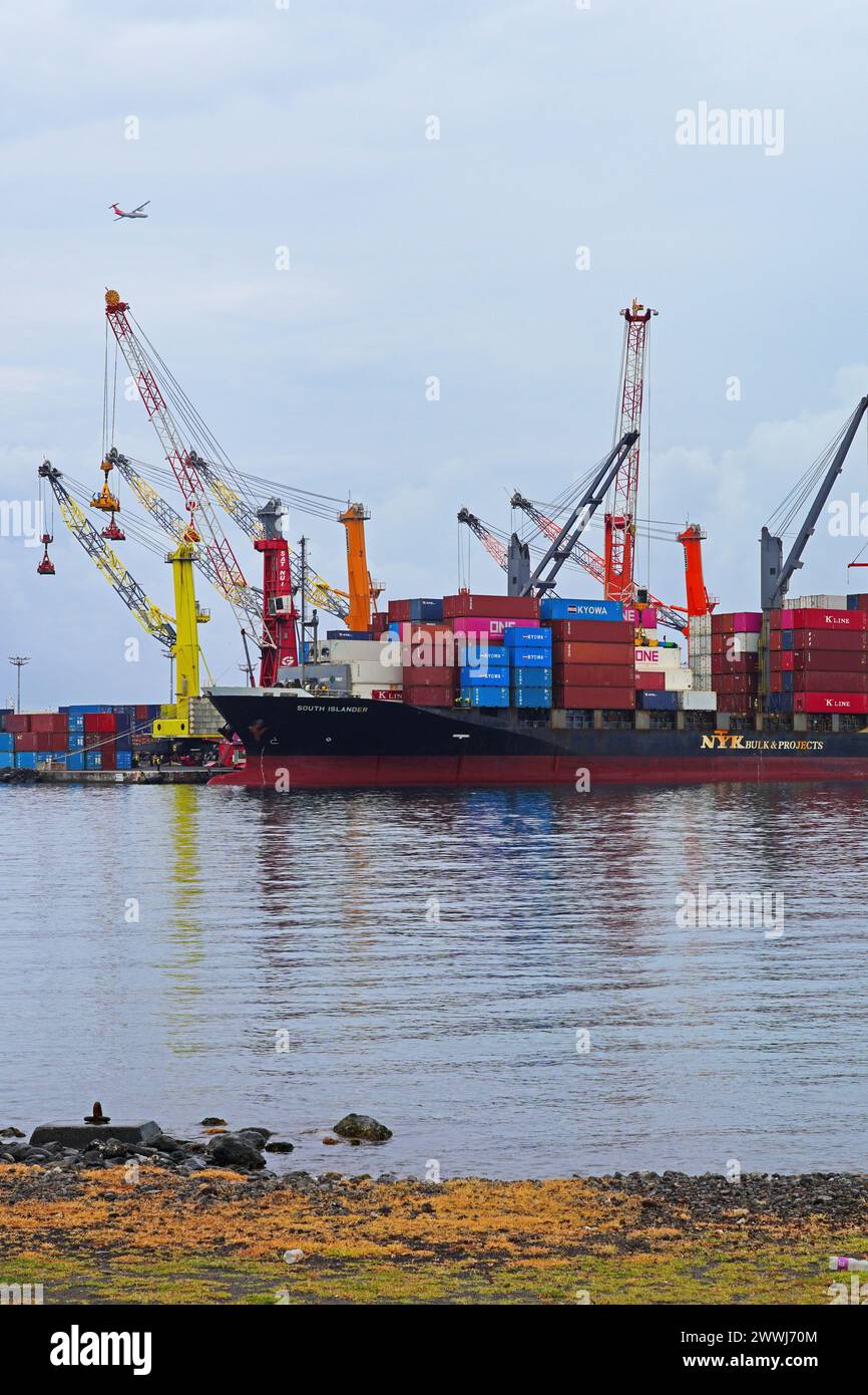 PAPEETE, TAHITI -5 DEC 2023- View of cargo freight containers and ...