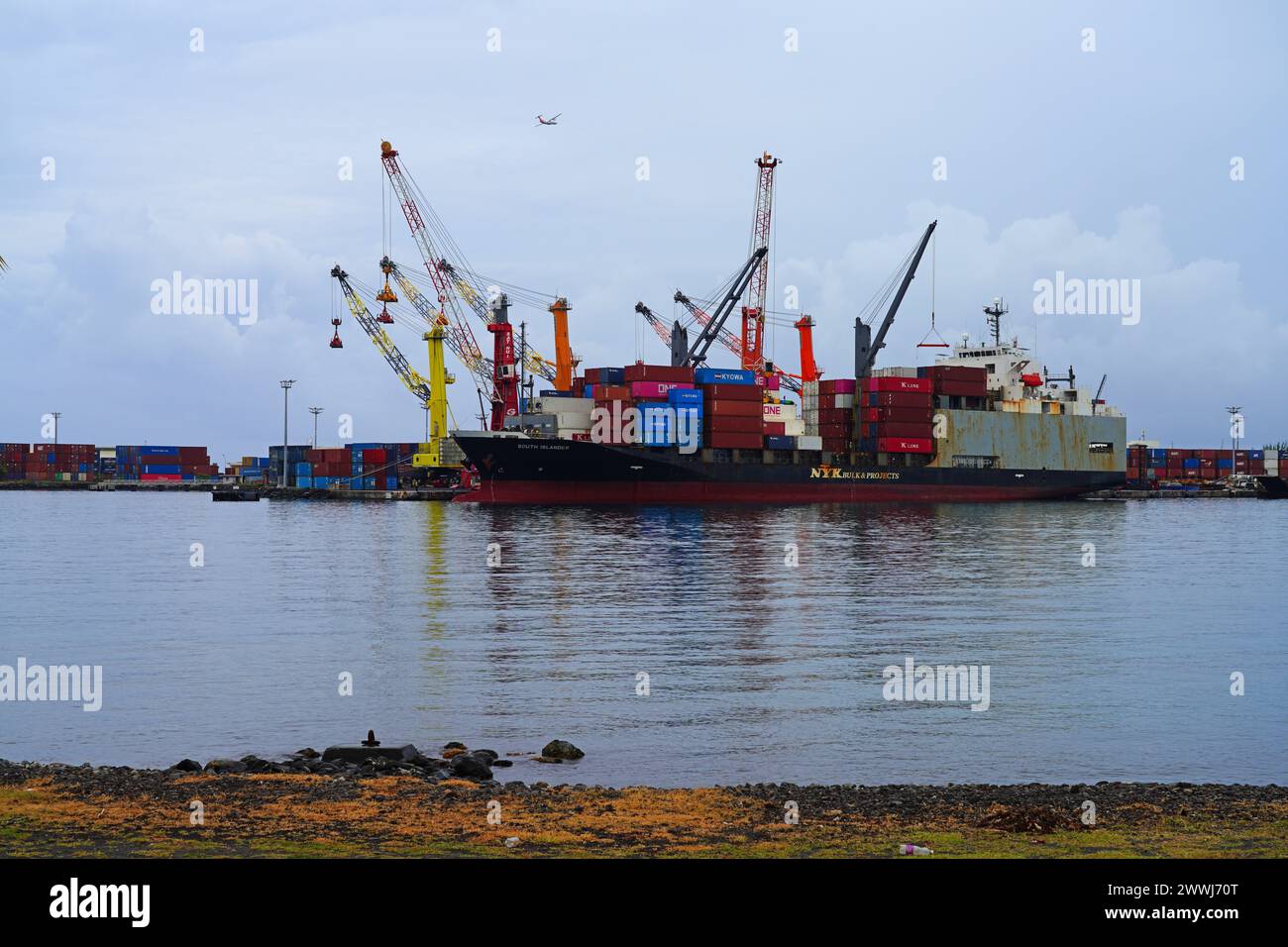 PAPEETE, TAHITI -5 DEC 2023- View of cargo freight containers and ...