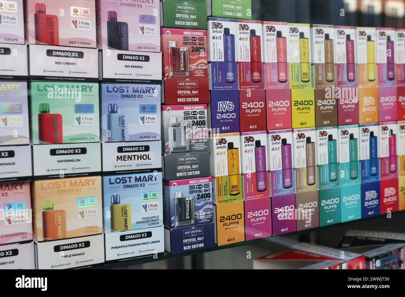 Display of disposable vape products in a shop in Sutton, UK Stock Photo ...