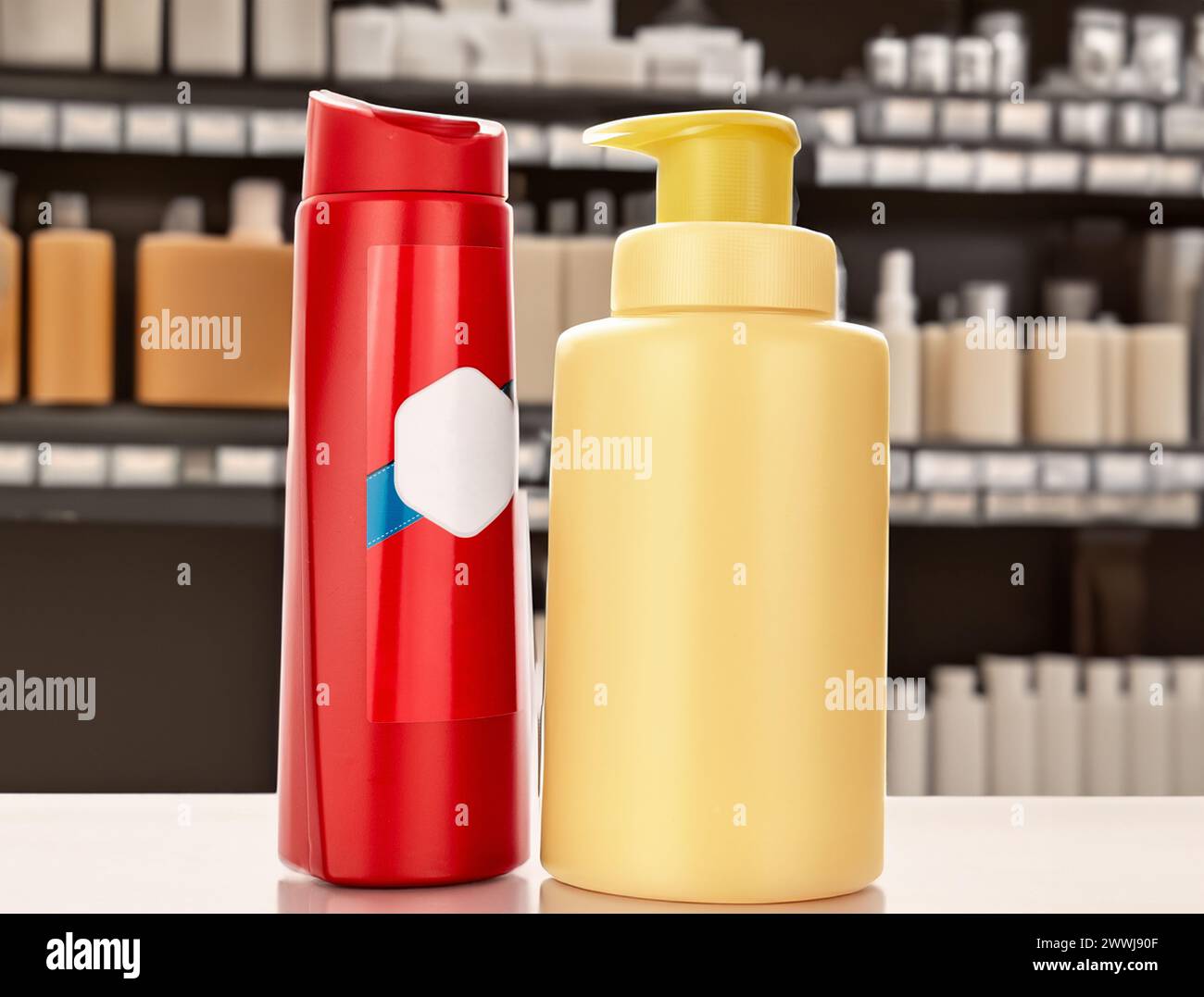Two containers of shampoo on the background of shelves with cosmetics ...