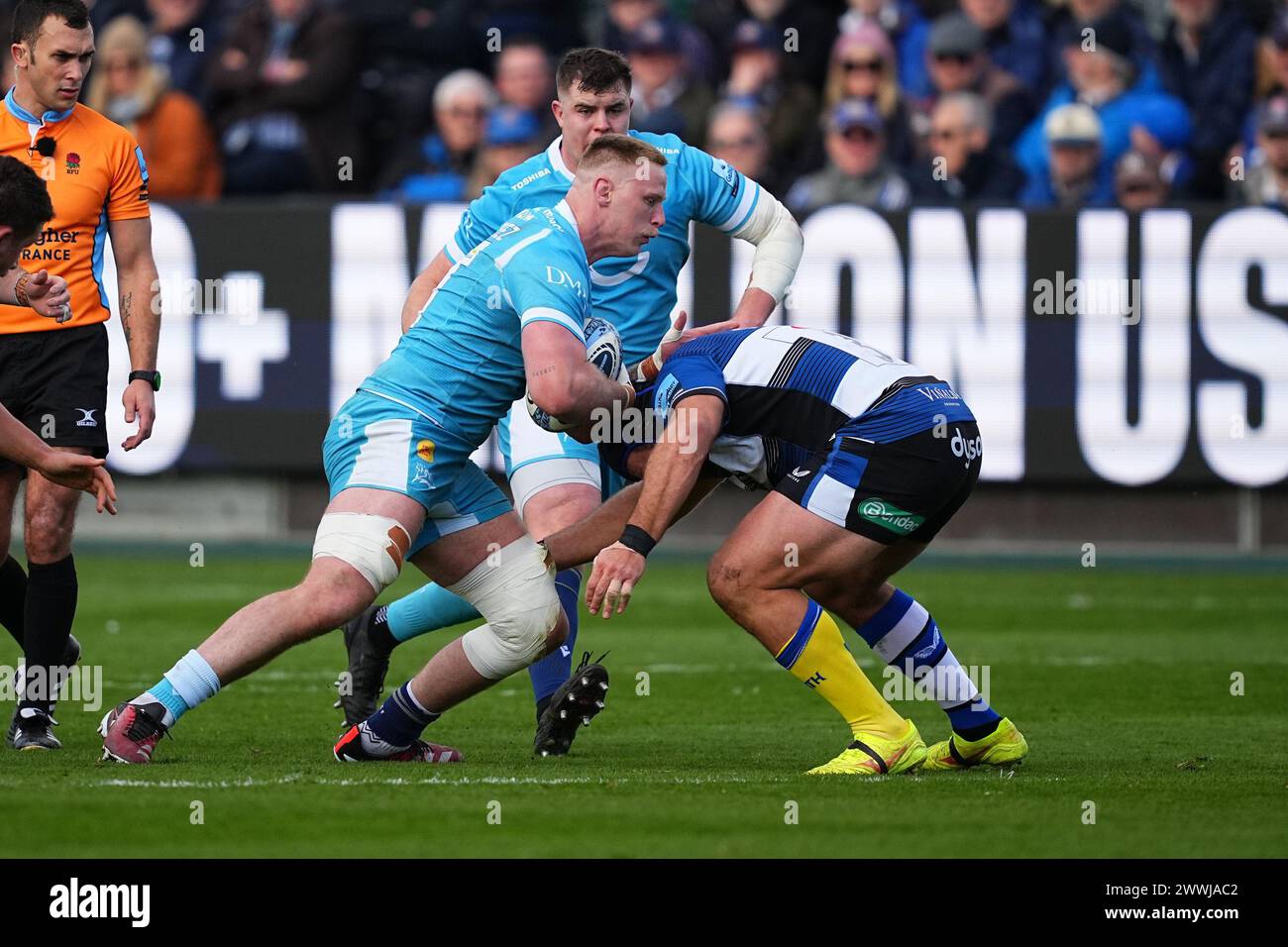 Bath, UK. 24th Mar, 2024. Quinn Roux of Bath Rugby tackles Jean-Luc du ...