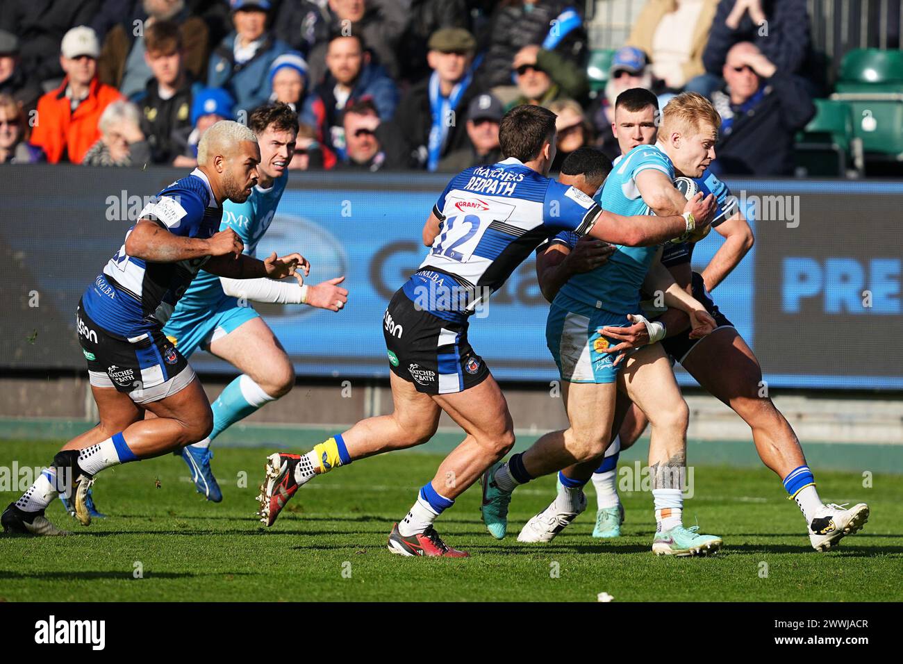 Bath, UK. 24th Mar, 2024. Cameron Redpath of Bath Rugby tackles Arron ...