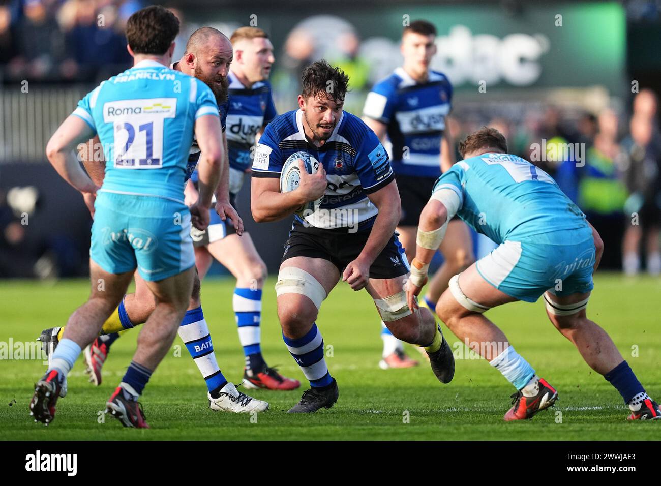 Bath, UK. 24th Mar, 2024. Jaco Coetzee of Bath Rugby tries to get past ...