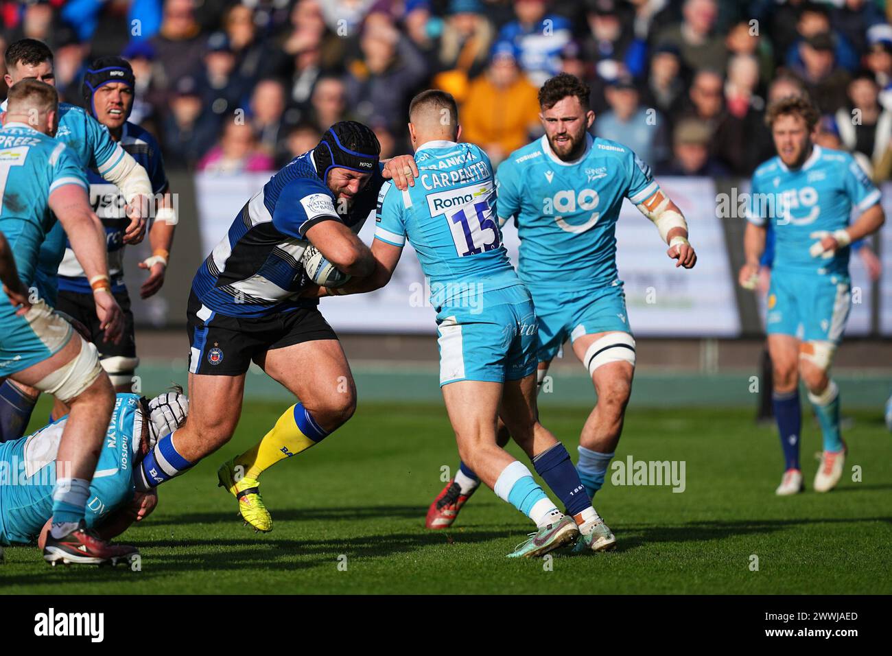 Bath, UK. 24th Mar, 2024. Joe Carpenter of Sale Sharks tries to stop ...
