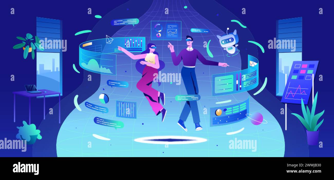 Metaverse technology concept. Flat people with virtual reality goggles ...