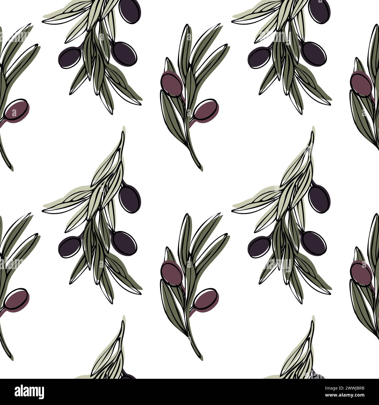 Vector seamless pattern with olive tree branch, leaves and olives fruit ...