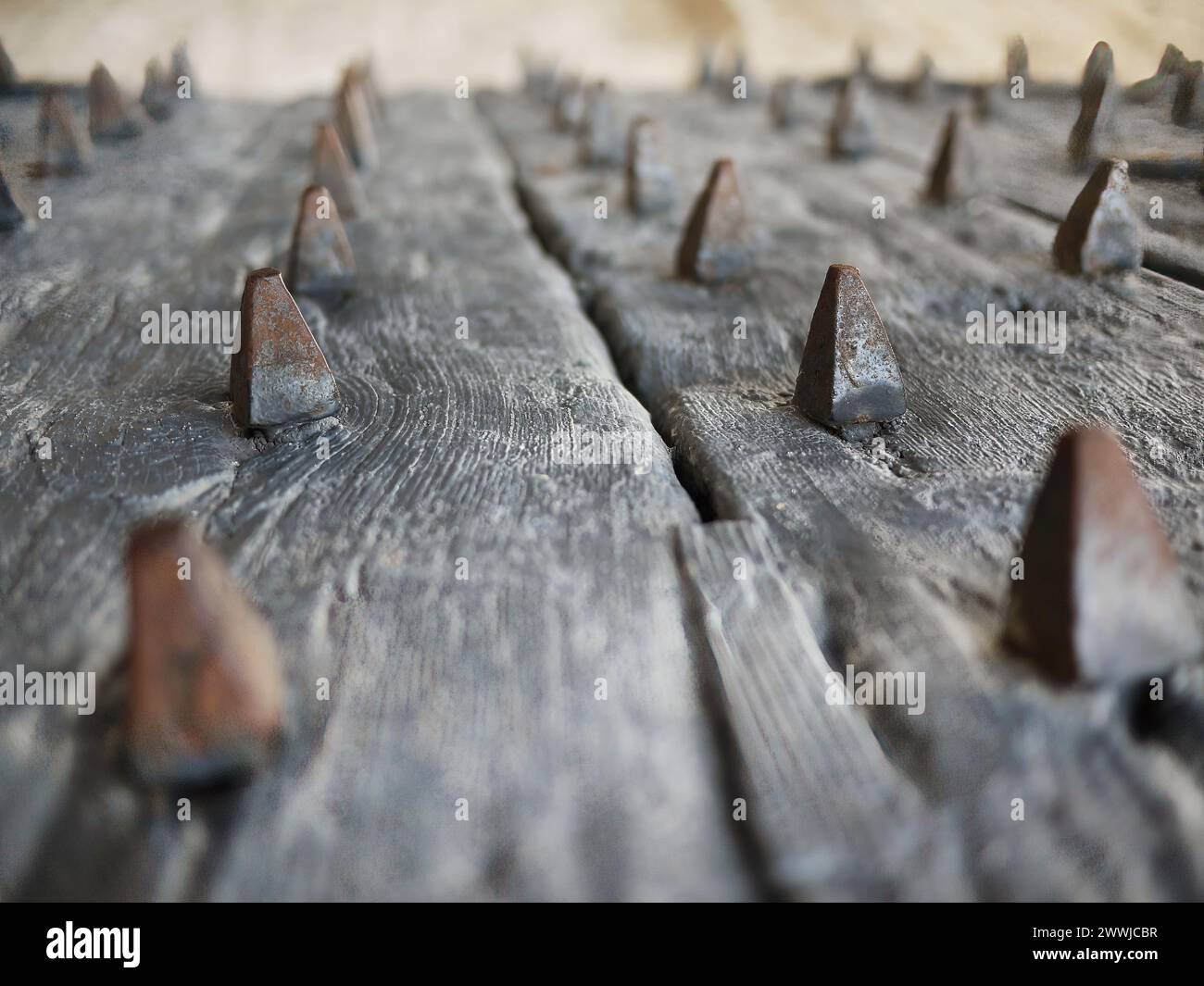 Side view of an old ancient medieval wooden door, close up selective ...