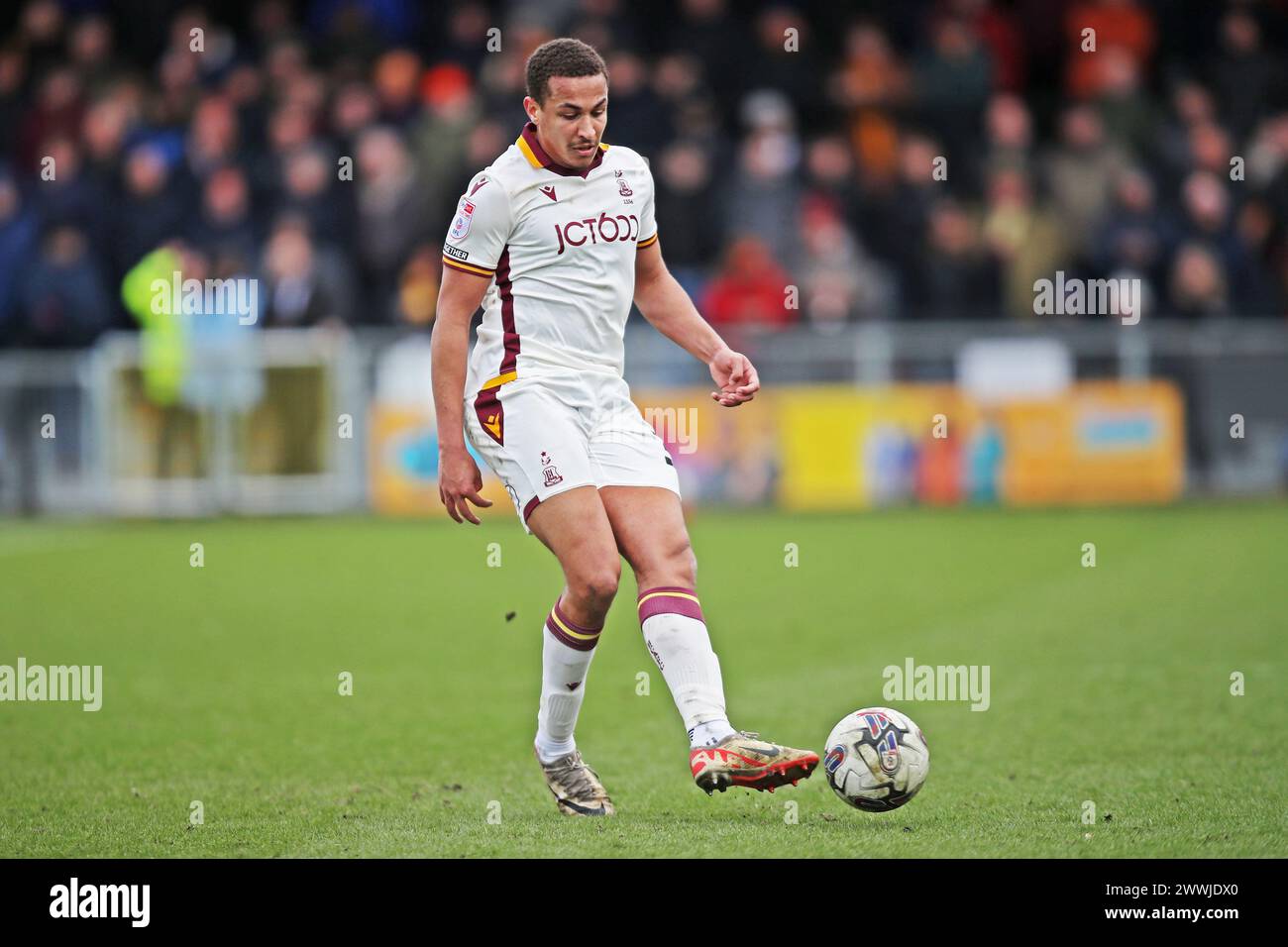 Harrogate, UK. 23rd Mar, 2024. Bradford City defender Lewis Richards ...