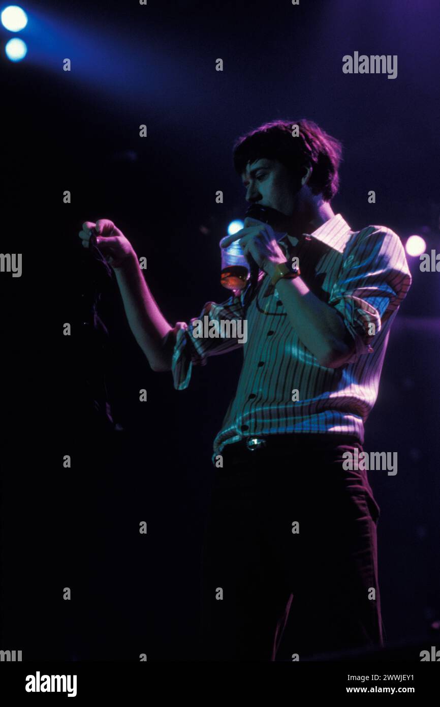 JARVIS COCKER, DIFFERENT CLASS TOUR, 1996: Jarvis Cocker of the band Pulp holding a fan's bra ...