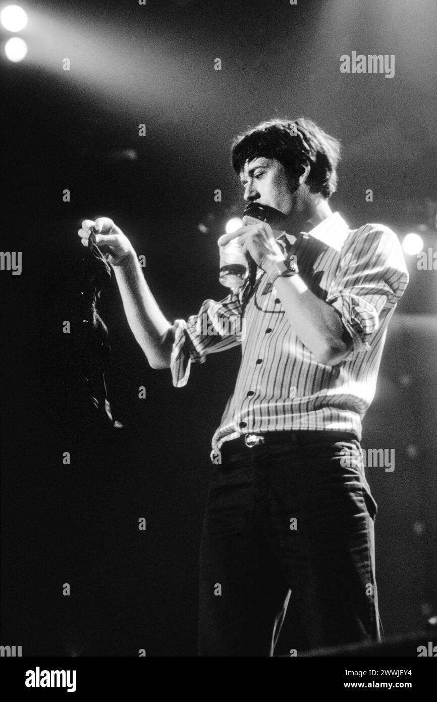 JARVIS COCKER, DIFFERENT CLASS TOUR, 1996: Jarvis Cocker of the band Pulp holding a fan's bra ...