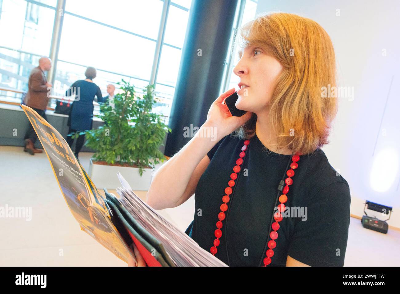 Redhead professional on the phone European Parliamant, Brussels ...