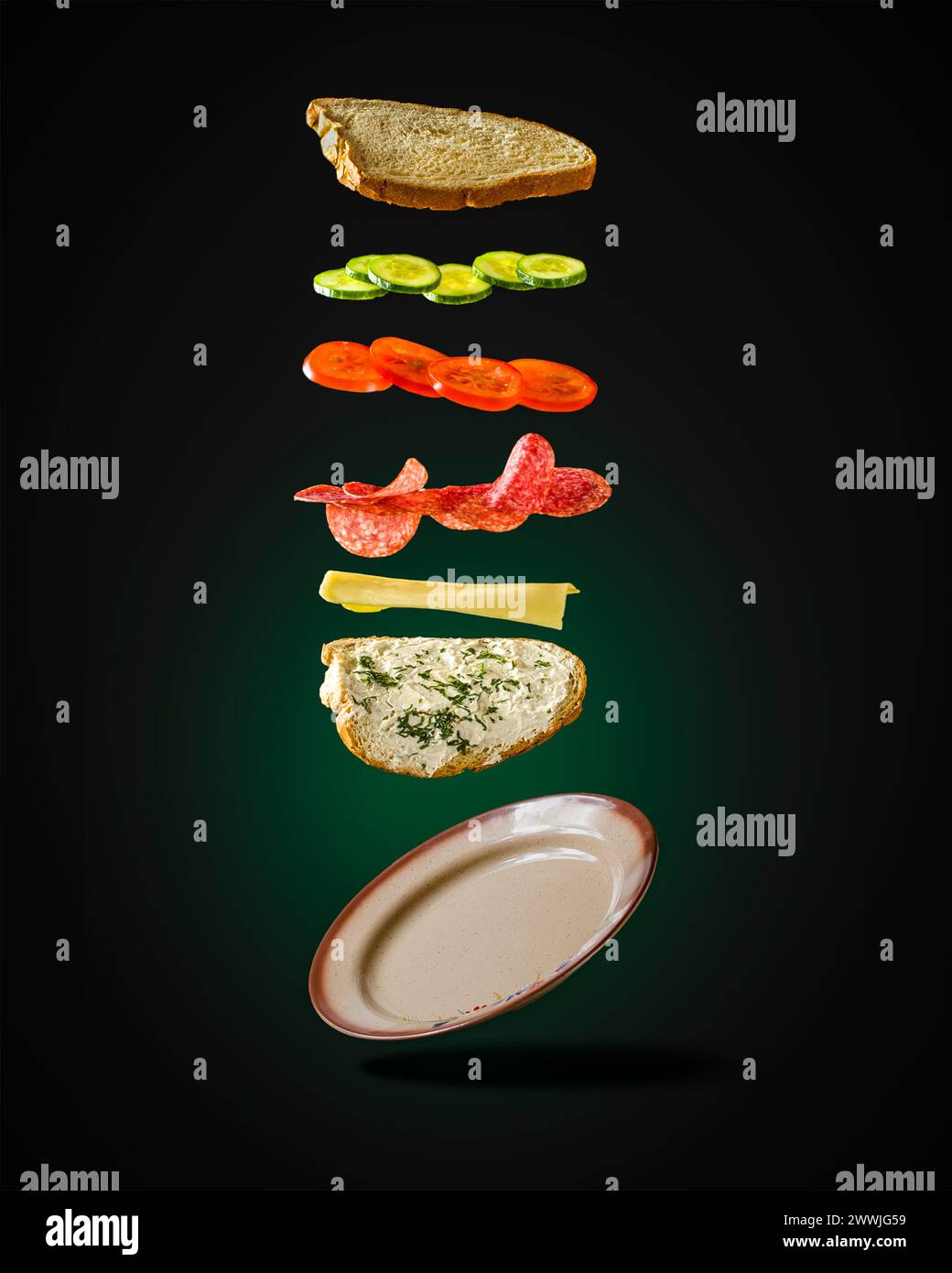 classic homemade flying sandwich, bread, tomatoes, cucumbers, cheese ...