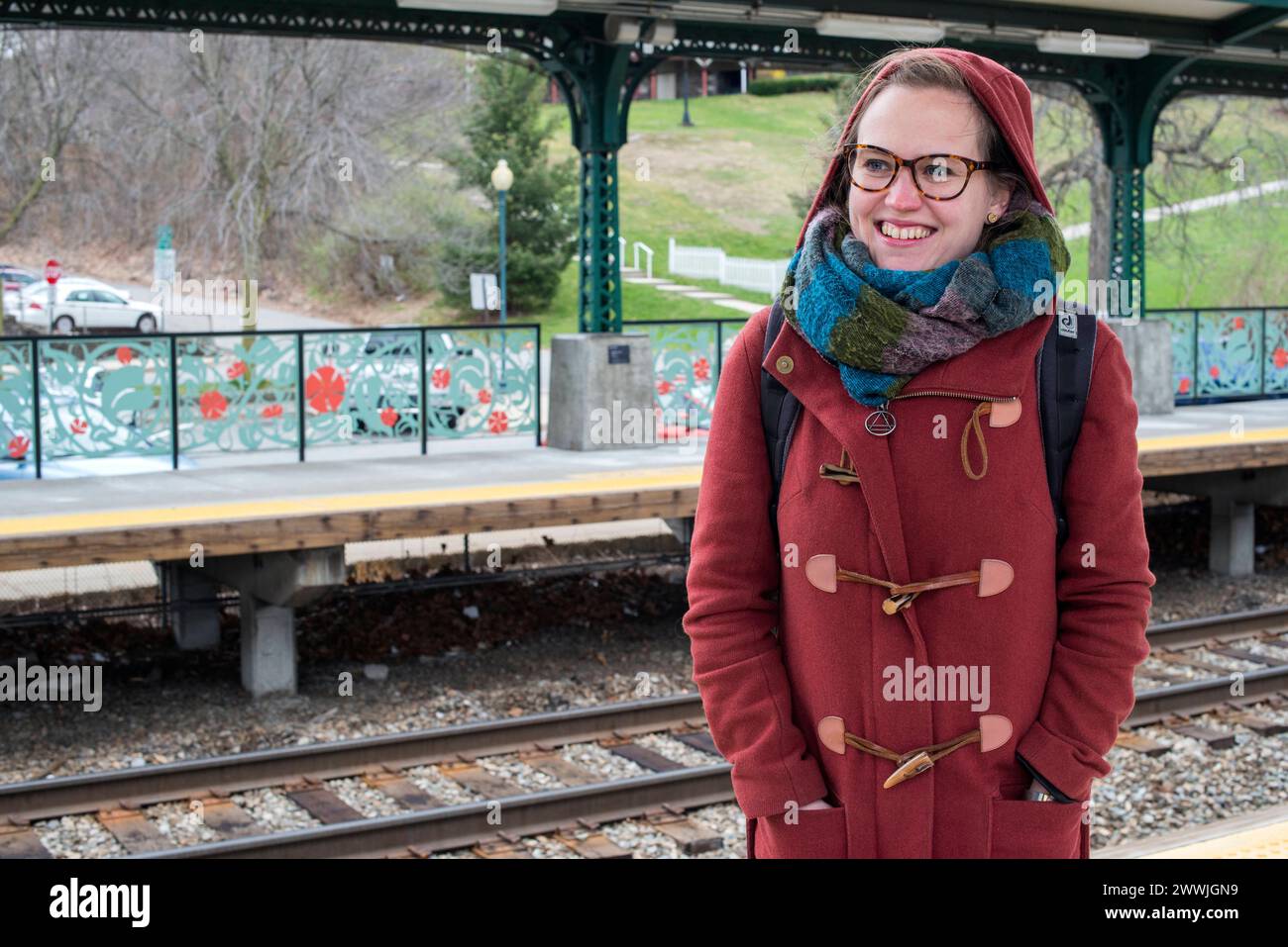 Female commuter Peekskill, New York, USA. Young, female commuter ...