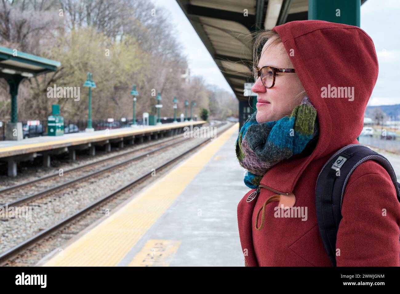 Female commuter Peekskill, New York, USA. Young, female commuter ...