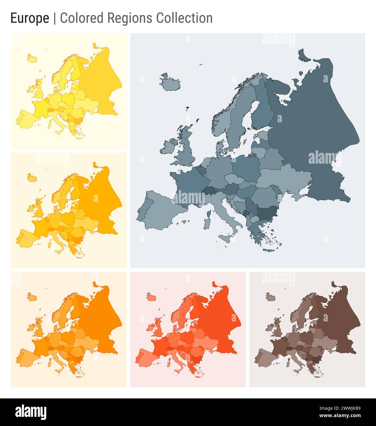 Europe map collection. Continent shape. Colored countries. Blue Grey ...
